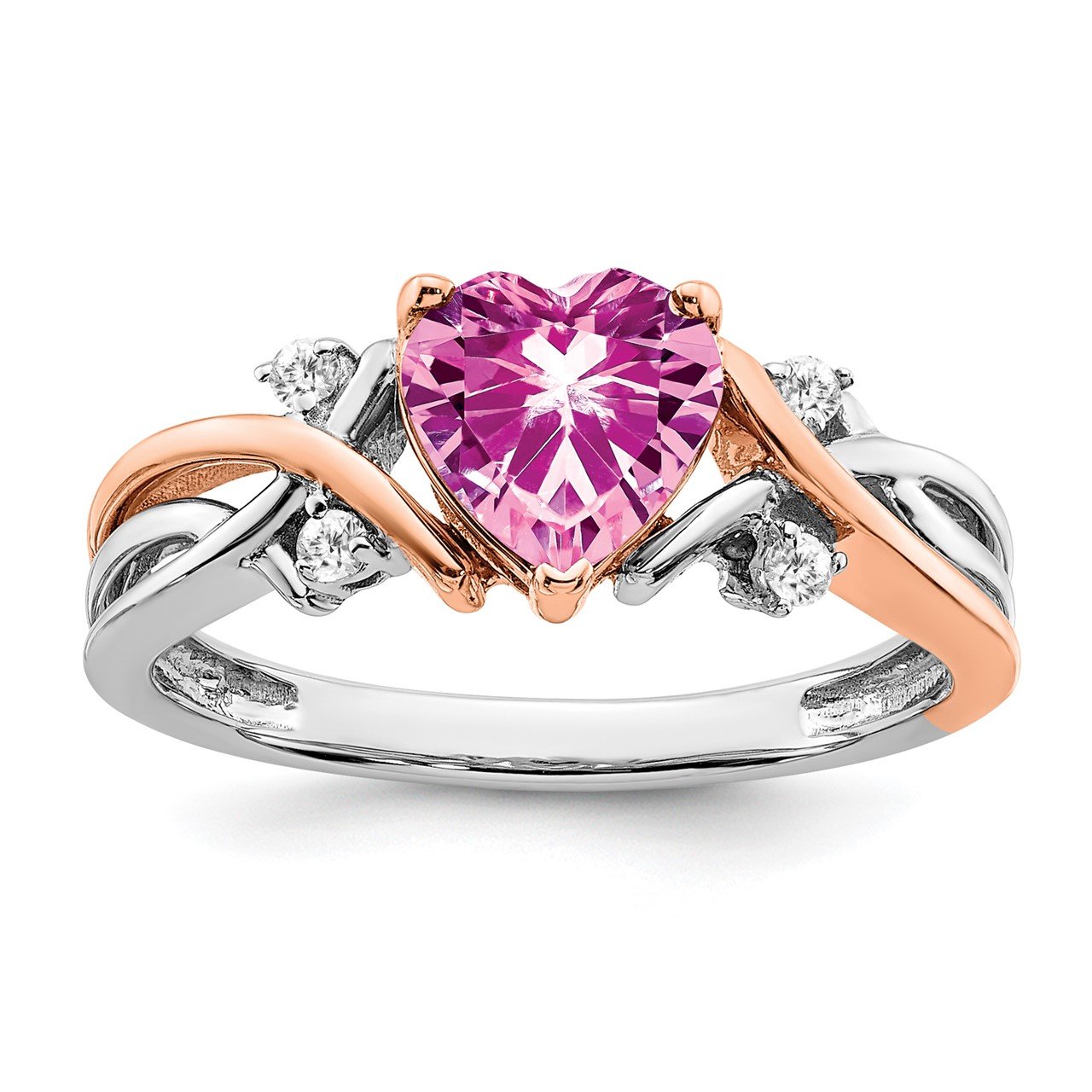 14k Two-tone Heart Created Pink Sapphire and Diamond Ring | The Gold Store